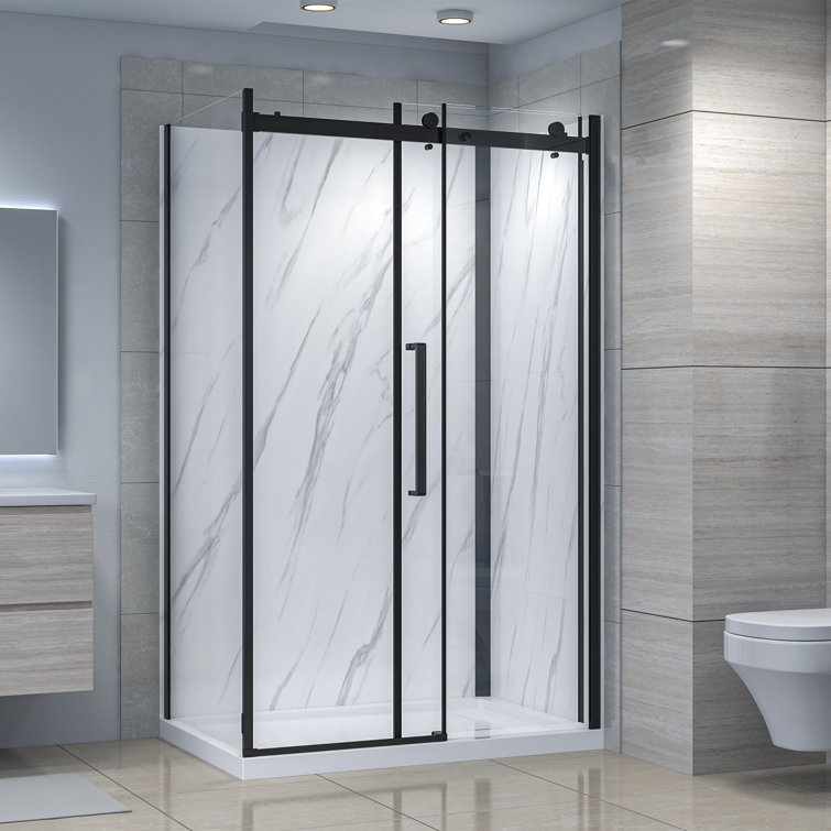Dreamwerks Bristol 48" W x 32" D x 79.2" H Framed Rectangular Reversible Shower Kit in Black ...